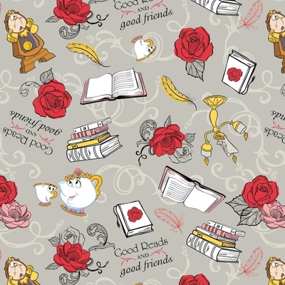 Disney Beauty & The Beast Characters on Grey Fabric