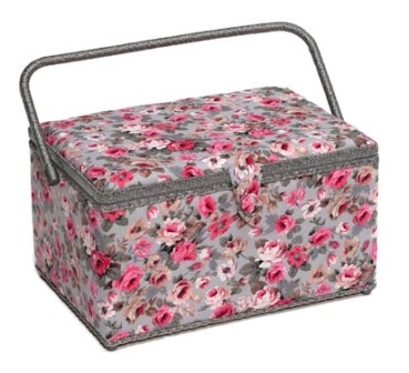 Pink Flowers on Grey Extra Large Sewing Box - Haberdashery Online